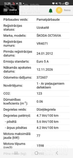 Белый Шкода Октавия 2012 в Елгава, объемом двигателя 1.60 л и пробегом 383 тыс. км за 2750 €, фото 8 на AUTOMOTO.COM.LV