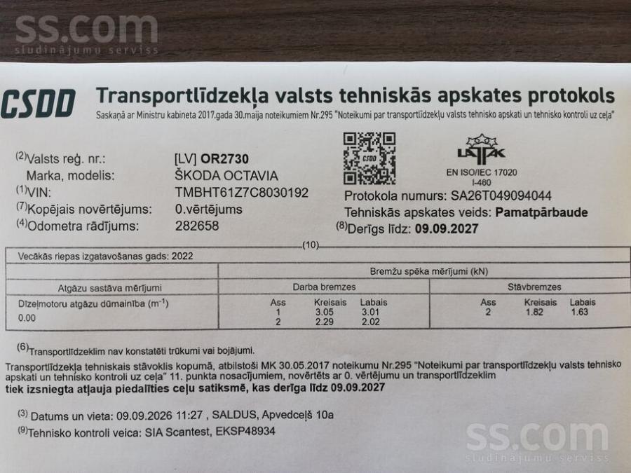 White Skoda Octavia 2012 in Saldus, with an engine capacity of 1.60 L and mileage of 283 thousand km for 4900 €, photo 23 on AUTOMOTO.COM.LV