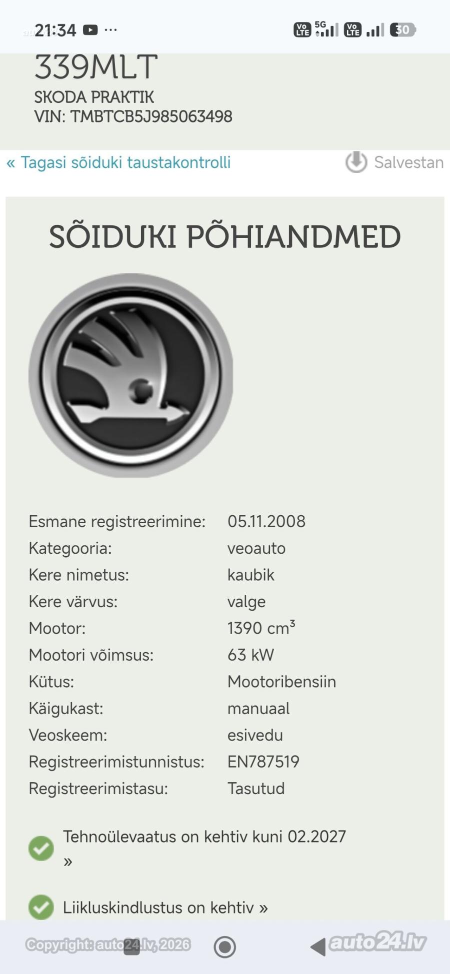 Balts Skoda Praktik 2008 Tartu, ar dzinēja tilpumu 1.40 L un nobraukumu 172 tūkst. km par 1499 €, foto 18 vietnē AUTOMOTO.COM.LV