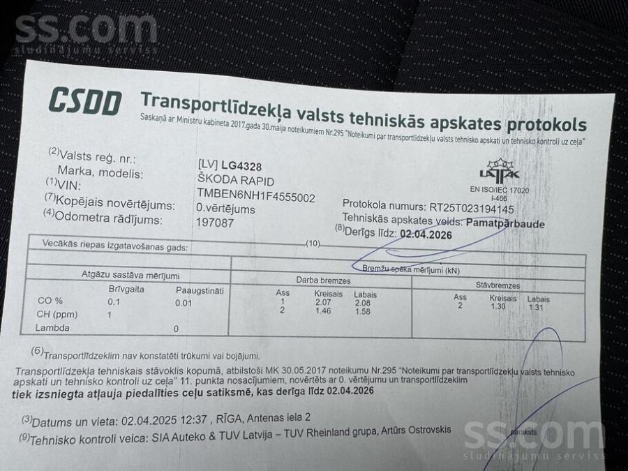 Skoda Rapid 2015 in Riga, with an engine capacity of 1.20 L and mileage of 199 thousand km for 3500 €, photo 24 on AUTOMOTO.COM.LV