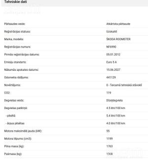 White Skoda Roomster 2012 in Riga, with an engine capacity of 1.20 L and mileage of 443 thousand km for 1600 €, photo 20 on AUTOMOTO.COM.LV