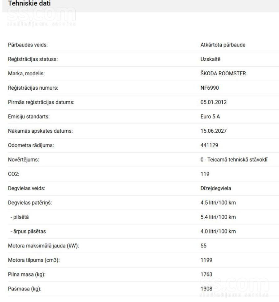 White Skoda Roomster 2012 in Riga, with an engine capacity of 1.20 L and mileage of 443 thousand km for 1600 €, photo 20 on AUTOMOTO.COM.LV