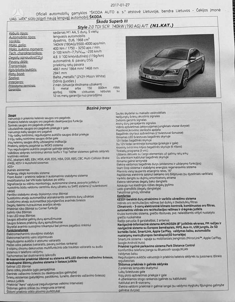 White Skoda SuperB 2017 in Vilnius, with an engine capacity of 1.97 L and mileage of 343 thousand km for 10500 €, photo 29 on AUTOMOTO.COM.LV