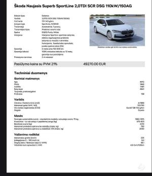 Белый Шкода Суперб 2025 в Клайпеда, объемом двигателя 1.97 л и пробегом 26 тыс. км за 38800 €, фото 25 на AUTOMOTO.COM.LV