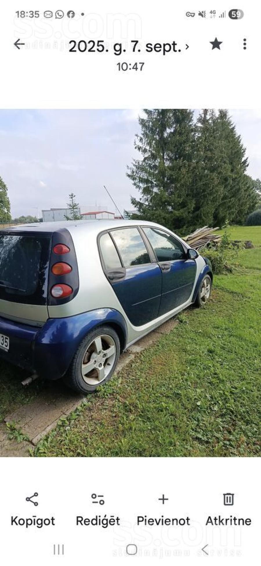 Blue Smart Forfour 2005 in Dobele, with an engine capacity of 1.50 L and mileage of 18 thousand km for 700 €, photo 3 on AUTOMOTO.COM.LV