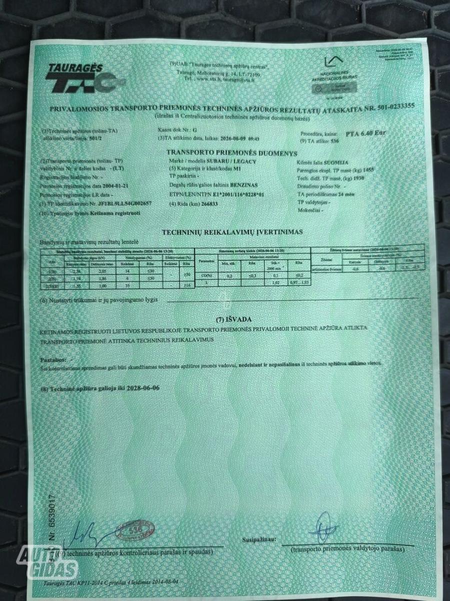 Субару Легаси 2004 в Юрбаркас, объемом двигателя 2.50 л и пробегом 267 тыс. км за 3550 €, фото 20 на AUTOMOTO.COM.LV