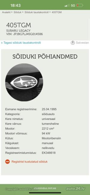 Subaru Legacy 1995 Narva, ar dzinēja tilpumu 2.20 L un nobraukumu 410 tūkst. km par 349 €, foto 10 vietnē AUTOMOTO.COM.LV