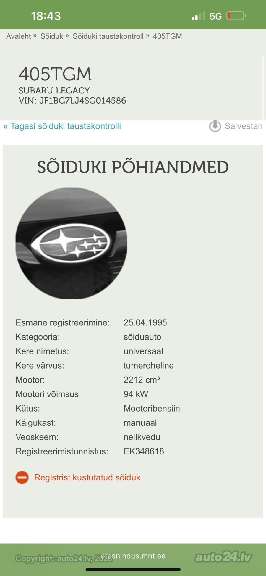 Subaru Legacy 1995 Narva, ar dzinēja tilpumu 2.20 L un nobraukumu 410 tūkst. km par 349 €, foto 10 vietnē AUTOMOTO.COM.LV