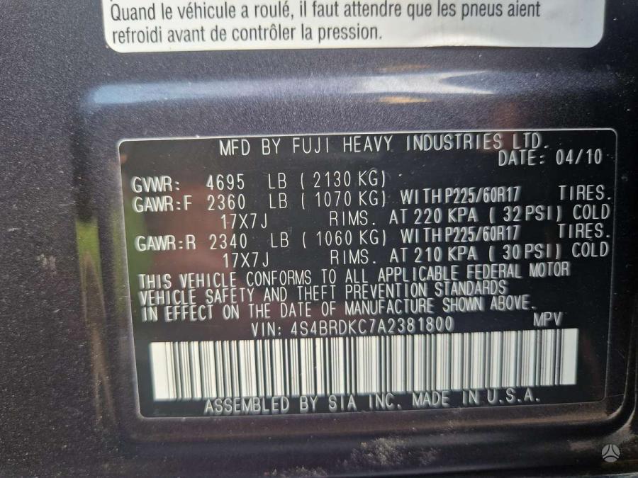 Black Subaru Outback 2010 in Utena, with an engine capacity of 3.63 L and mileage of 241 thousand km for 4800 €, photo 13 on AUTOMOTO.COM.LV