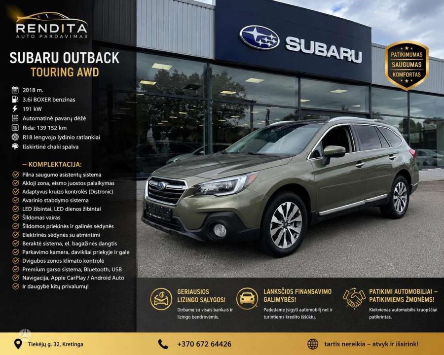 Green Subaru Outback 2018 in Kretinga, with an engine capacity of 3.63 L and mileage of 139 thousand km for 18250 €, photo 41 on AUTOMOTO.COM.LV