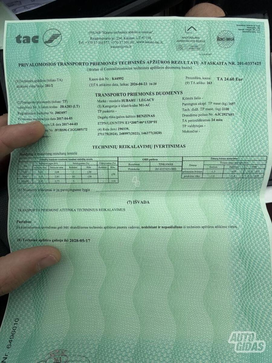 Серый Субару Аутбек 2017 в Ионава, объемом двигателя 2.50 л и пробегом 292 тыс. км за 12500 €, фото 25 на AUTOMOTO.COM.LV