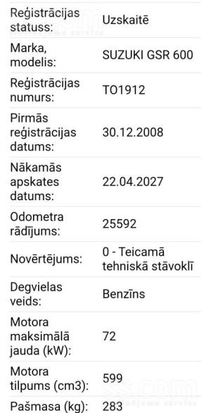 Suzuki GSR 600 2008 in Ventspils, with an engine capacity of 0.60 L and mileage of 0 thousand km for 3500 €, photo 4 on AUTOMOTO.COM.LV