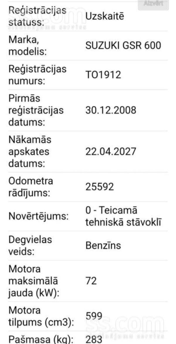 Suzuki GSR 600 2008 in Ventspils, with an engine capacity of 0.60 L and mileage of 0 thousand km for 2950 €, photo 5 on AUTOMOTO.COM.LV