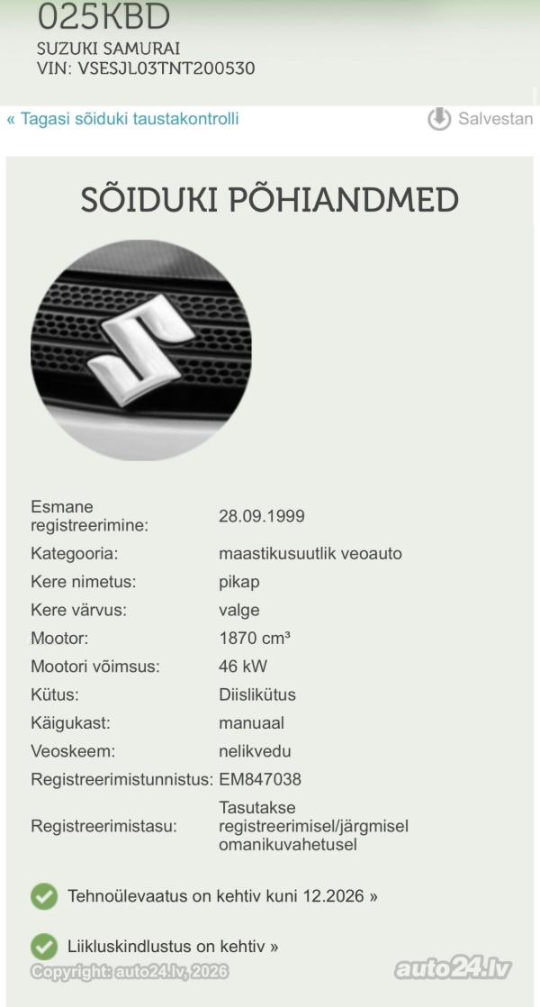 White Suzuki Samurai 1999 in Tartu, with an engine capacity of 1.90 L and mileage of 103 thousand km for 6500 €, photo 11 on AUTOMOTO.COM.LV