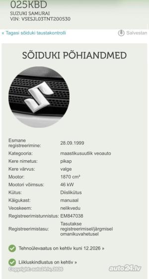 Balts Suzuki Samurai 1999 Tartu, ar dzinēja tilpumu 1.90 L un nobraukumu 103 tūkst. km par 6500 €, foto 11 vietnē AUTOMOTO.COM.LV