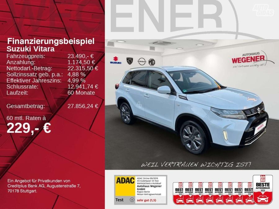 White Suzuki Vitara 2025 in Kaunas, with an engine capacity of 1.50 L and mileage of 14 thousand km for 26401 €, photo 2 on AUTOMOTO.COM.LV