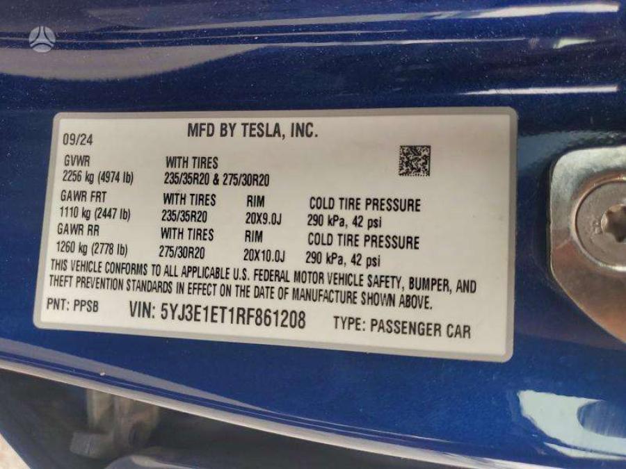 Zils Tesla Model 3 2024 Klaipėda, ar dzinēja tilpumu 0.00 L un nobraukumu 39 tūkst. km par 18500 €, foto 11 vietnē AUTOMOTO.COM.LV