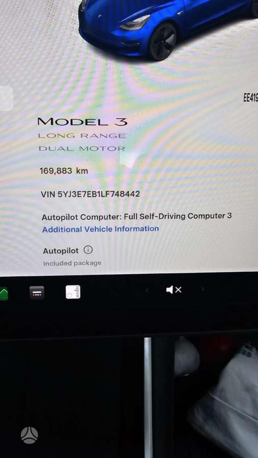 Blue Tesla Model 3 2020 in Vilnius, with an engine capacity of 0.00 L and mileage of 173 thousand km for 19990 €, photo 16 on AUTOMOTO.COM.LV