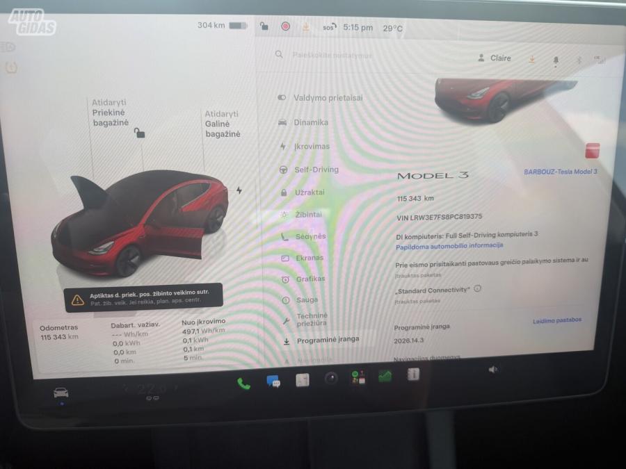 Tesla Model 3 2023 Viļņa, ar dzinēja tilpumu 0.00 L un nobraukumu 115 tūkst. km par 15500 €, foto 3 vietnē AUTOMOTO.COM.LV