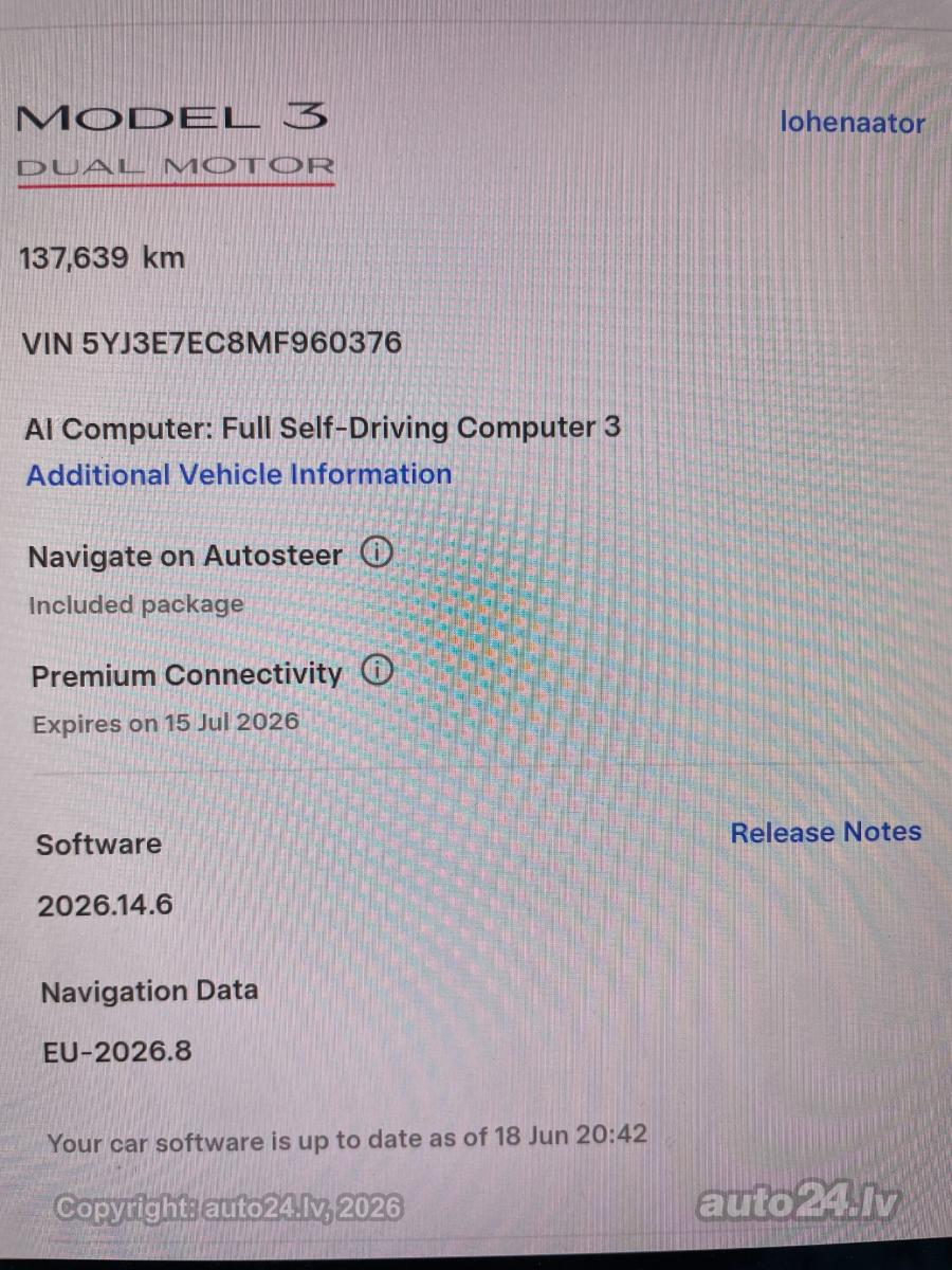 Balts Tesla Model 3 2021 Pērnava, ar dzinēja tilpumu 0.00 L un nobraukumu 138 tūkst. km par 27000 €, foto 12 vietnē AUTOMOTO.COM.LV