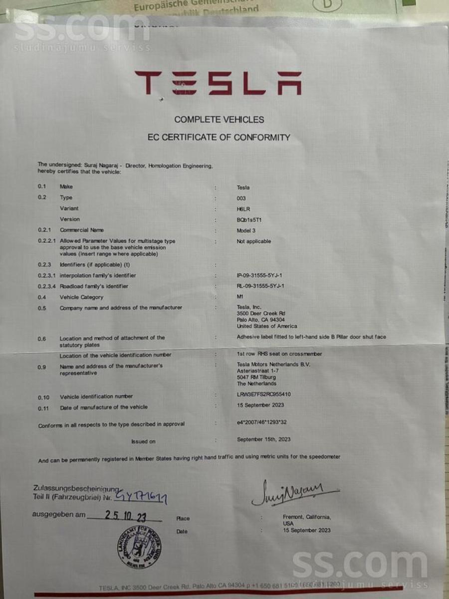 White Tesla Model 3 2024 in Riga, with an engine capacity of 0.00 L and mileage of 50 thousand km for 23000 €, photo 6 on AUTOMOTO.COM.LV