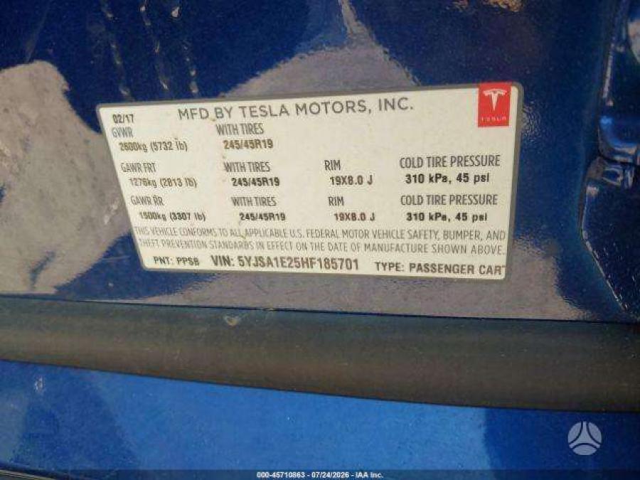 Blue Tesla Model S 2017 in Klaipeda, with an engine capacity of 0.00 L and mileage of 82 thousand km for 7700 €, photo 10 on AUTOMOTO.COM.LV