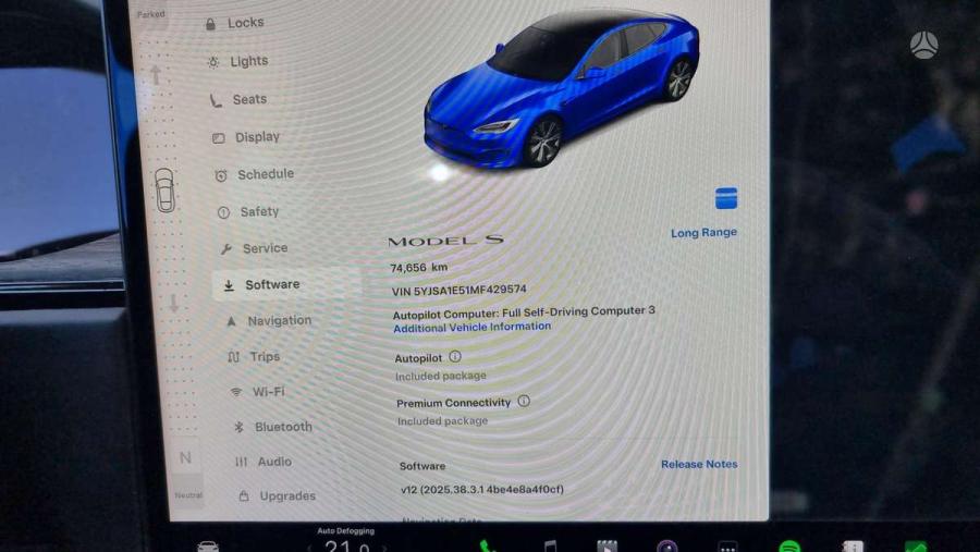 Blue Tesla Model S 2021 in Klaipeda, with an engine capacity of 0.00 L and mileage of 78 thousand km for 34999 €, photo 15 on AUTOMOTO.COM.LV