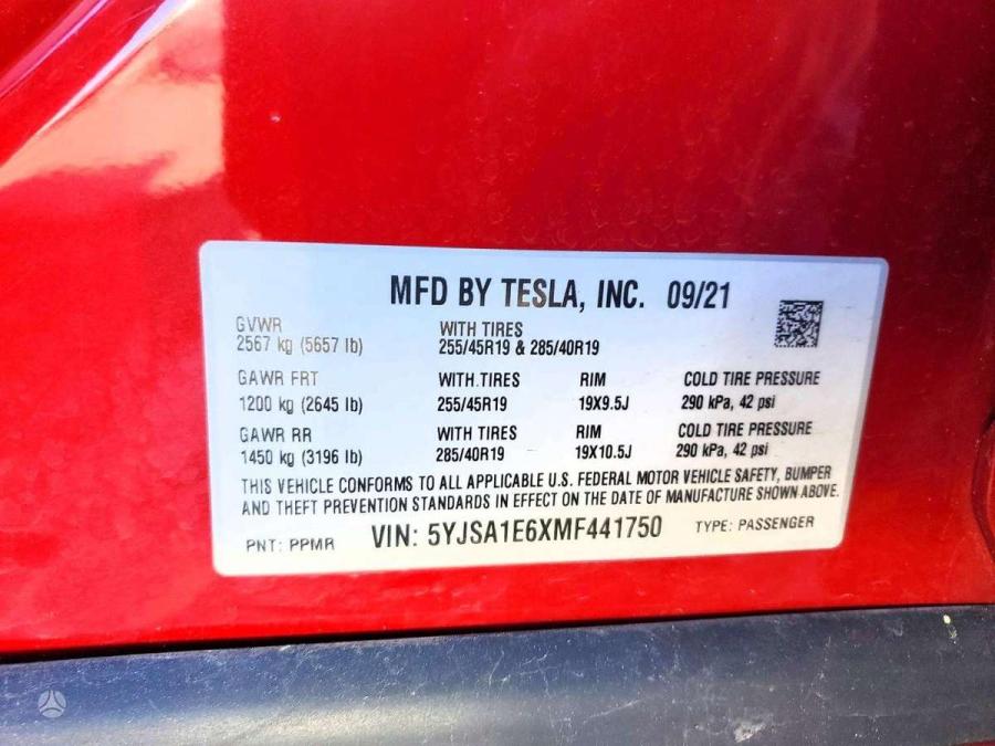 Sarkans Tesla Model S 2021 Klaipėda, ar dzinēja tilpumu 0.00 L un nobraukumu 92 tūkst. km par 23500 €, foto 10 vietnē AUTOMOTO.COM.LV