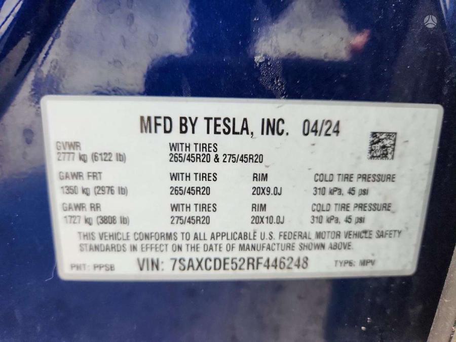 Blue Tesla Model X 2024 in Klaipeda, with an engine capacity of 0.00 L and mileage of 50 thousand km for 26500 €, photo 10 on AUTOMOTO.COM.LV