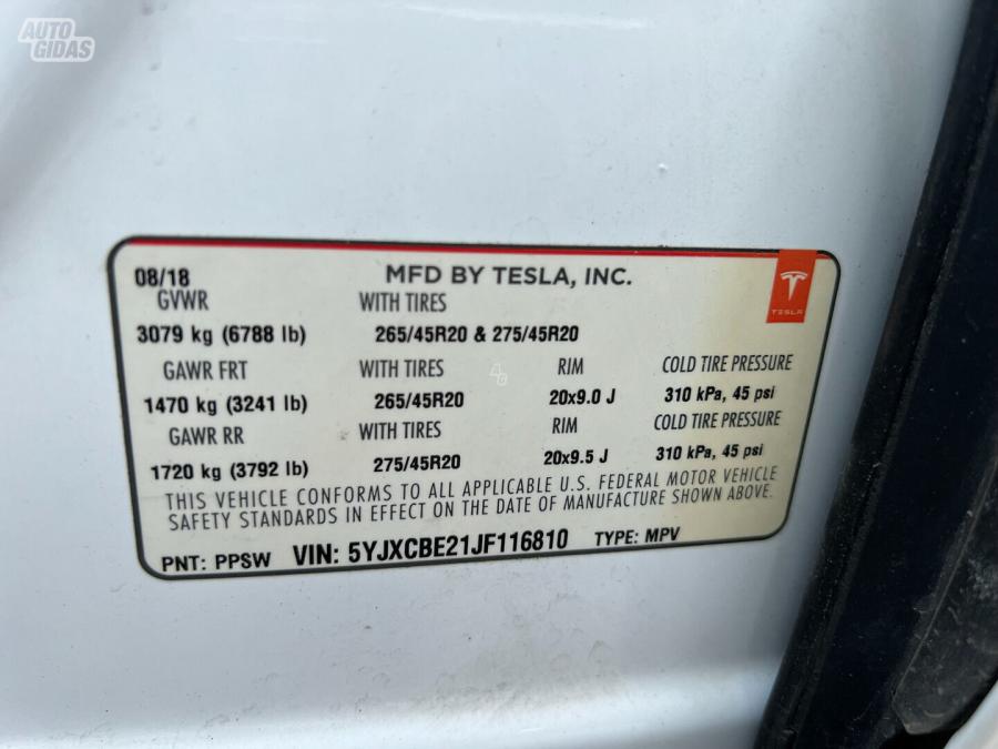 Balts Tesla Model X 2017 Viļņa, ar dzinēja tilpumu 0.00 L un nobraukumu 145 tūkst. km par 28500 €, foto 8 vietnē AUTOMOTO.COM.LV