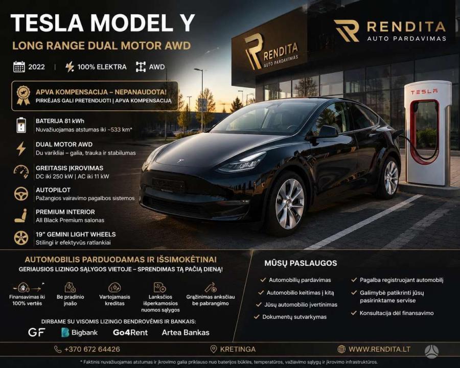 Black Tesla Model Y 2022 in Kretinga, with an engine capacity of 0.00 L and mileage of 70 thousand km for 28699 €, photo 32 on AUTOMOTO.COM.LV