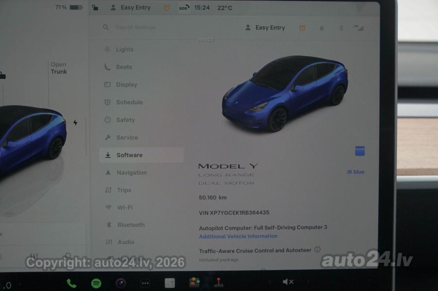 Blue Tesla Model Y 2024 in Tallinn, with an engine capacity of 0.00 L and mileage of 50 thousand km for 42990 €, photo 16 on AUTOMOTO.COM.LV