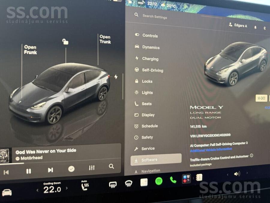 Grey Tesla Model Y 2022 in Riga, with an engine capacity of 0.00 L and mileage of 141 thousand km for 28500 €, photo 24 on AUTOMOTO.COM.LV