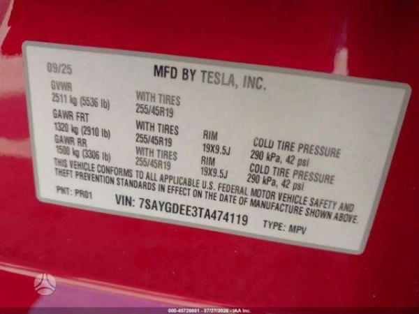 Red Tesla Model Y 2026 in Klaipeda, with an engine capacity of 0.00 L and mileage of 9 thousand km for 7100 €, photo 9 on AUTOMOTO.COM.LV