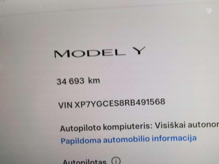 White Tesla Model Y 2024 in Kaunas, with an engine capacity of 0.00 L and mileage of 34 thousand km for 12300 €, photo 22 on AUTOMOTO.COM.LV