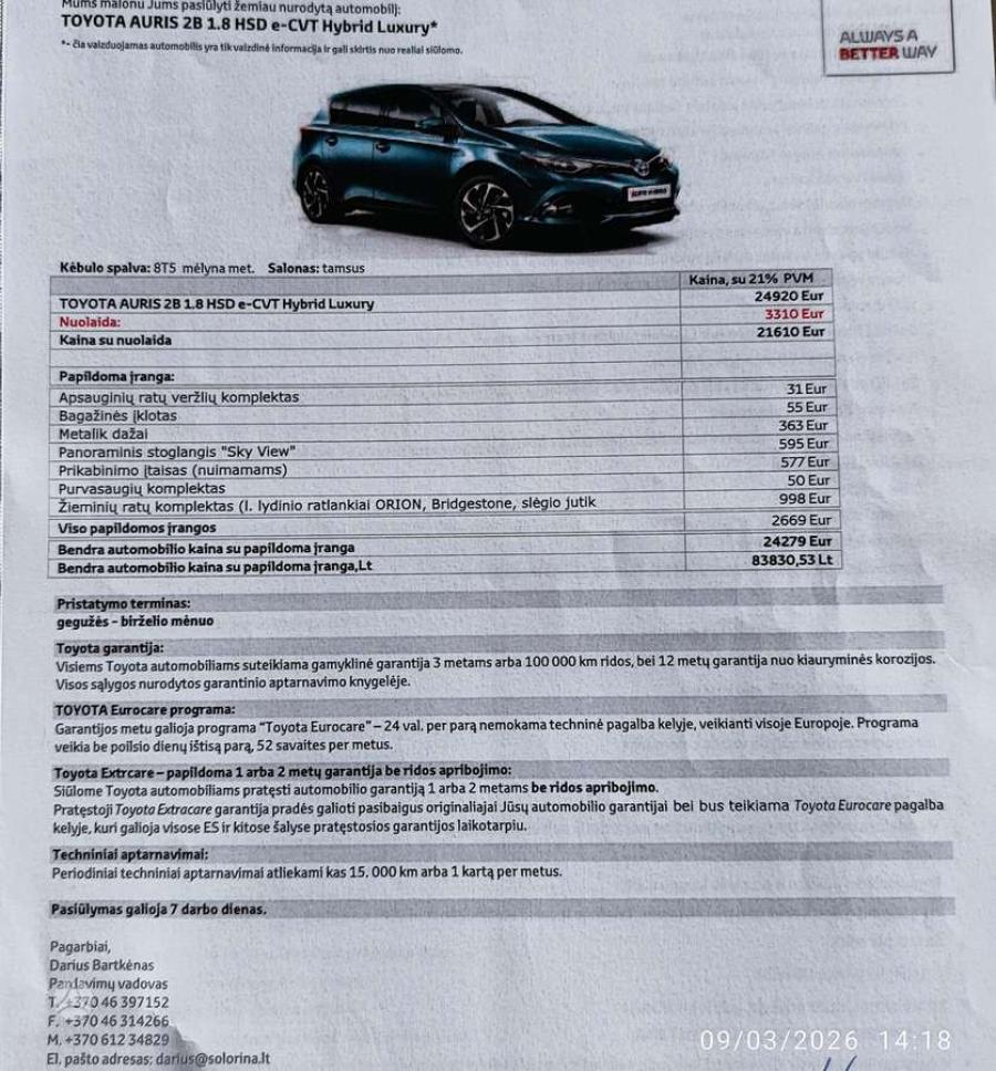 Blue Toyota Auris 2016 in Klaipeda, with an engine capacity of 1.80 L and mileage of 135 thousand km for 13900 €, photo 24 on AUTOMOTO.COM.LV