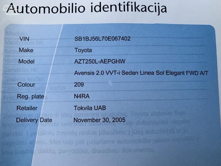 Black Toyota Avensis 2005 in Vilnius, with an engine capacity of 2.00 L and mileage of 200 thousand km for 2250 €, photo 10 on AUTOMOTO.COM.LV