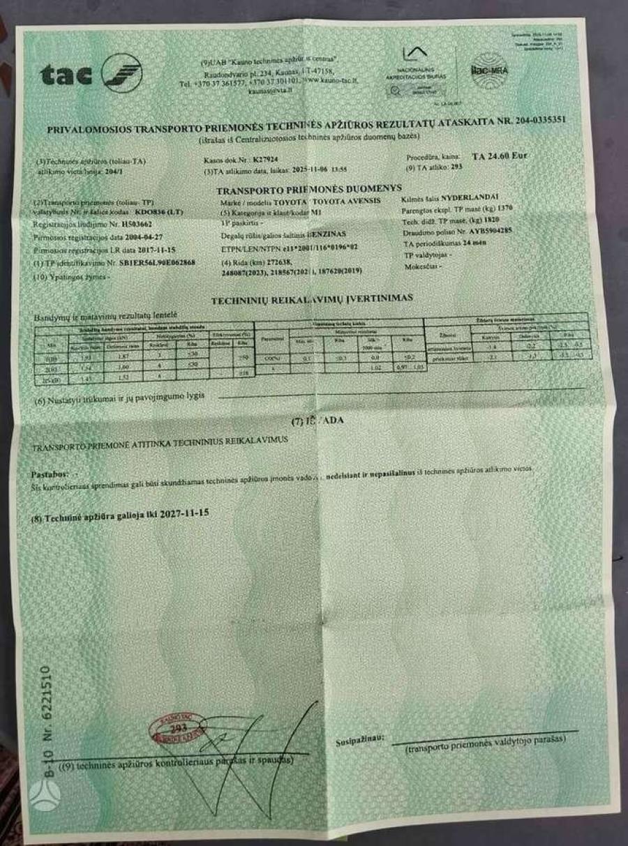 Коричневый Тойота Авенсис 2004 в Каунас, объемом двигателя 1.76 л и пробегом 280 тыс. км за 1950 €, фото 25 на AUTOMOTO.COM.LV