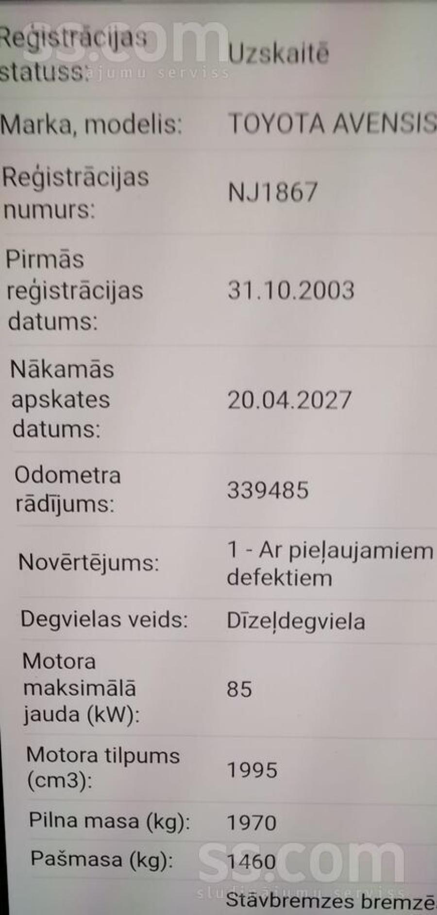 Pelēks Toyota Avensis 2003 Daugavpils, ar dzinēja tilpumu 2.00 L un nobraukumu 340 tūkst. km par 1150 €, foto 26 vietnē AUTOMOTO.COM.LV