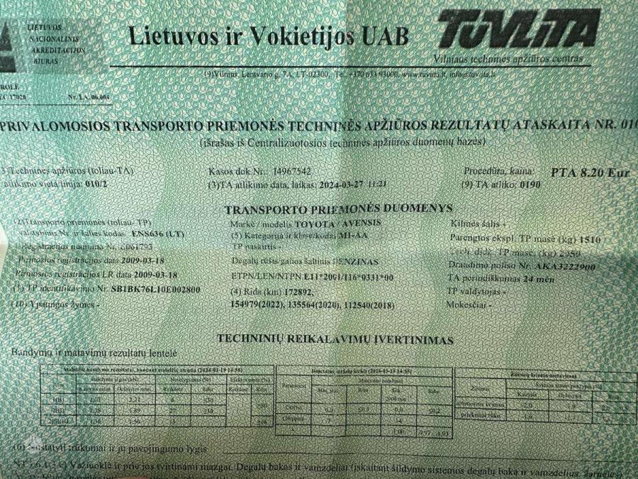Серый Тойота Авенсис 2009 в Вильнюс, объемом двигателя 1.99 л и пробегом 188 тыс. км за 5950 €, фото 22 на AUTOMOTO.COM.LV