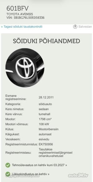 Серый Тойота Авенсис 2011 в Тарту, объемом двигателя 1.80 л и пробегом 320 тыс. км за 4599 €, фото 20 на AUTOMOTO.COM.LV