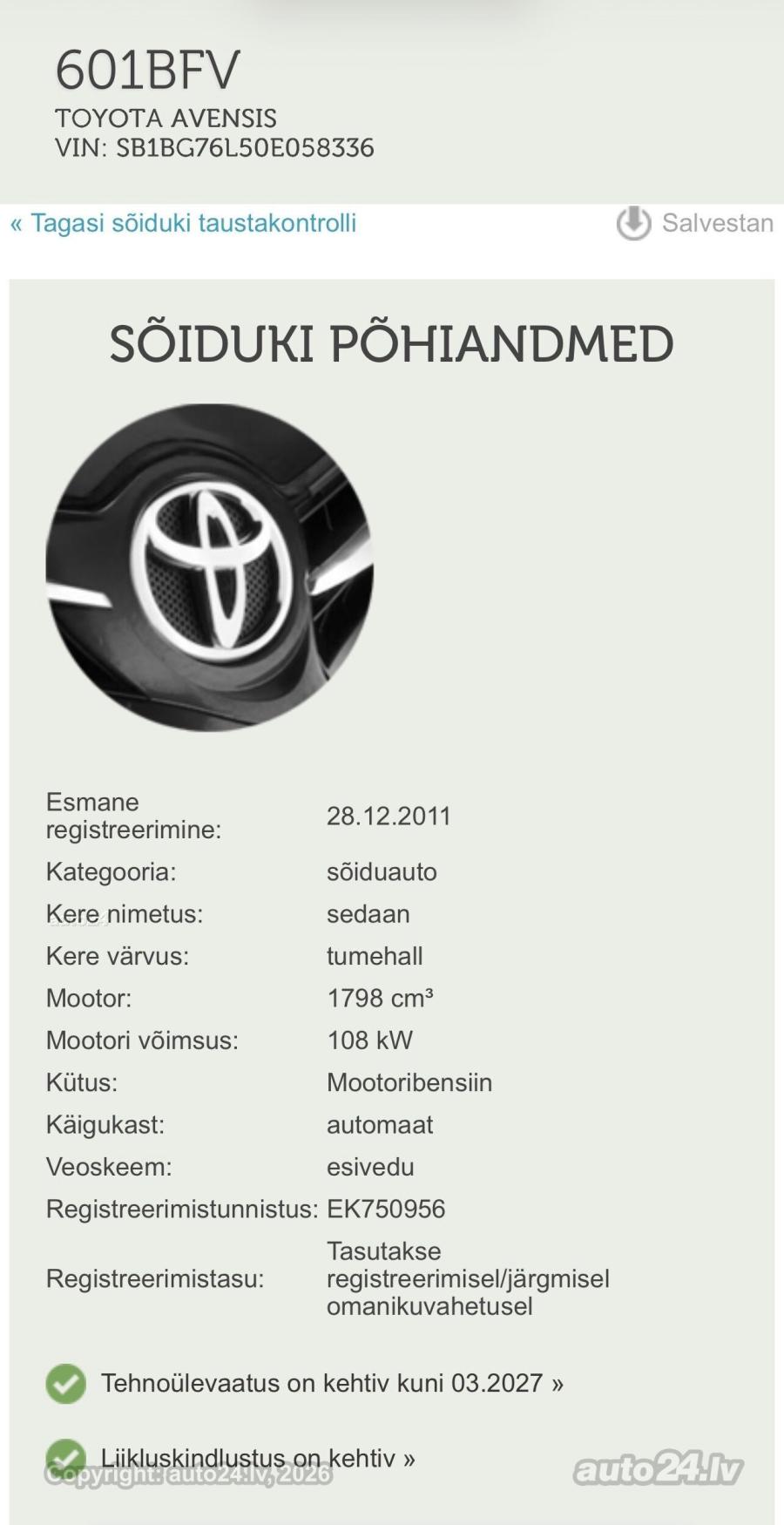 Серый Тойота Авенсис 2011 в Тарту, объемом двигателя 1.80 л и пробегом 320 тыс. км за 4599 €, фото 20 на AUTOMOTO.COM.LV