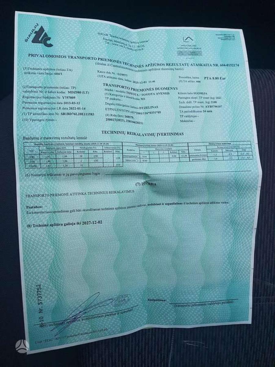 Серый Тойота Авенсис 2013 в Кельме, объемом двигателя 2.00 л и пробегом 272 тыс. км за 5300 €, фото 12 на AUTOMOTO.COM.LV