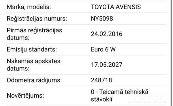 Grey Toyota Avensis 2016 in Riga, with an engine capacity of 2.00 L and mileage of 249 thousand km for 10900 €, photo 8 on AUTOMOTO.COM.LV