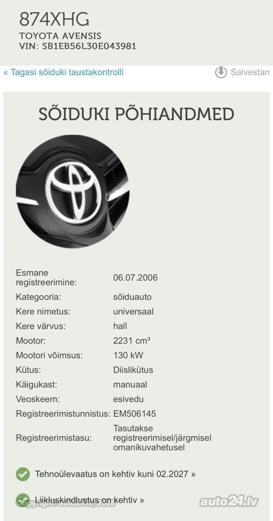 Серый Тойота Авенсис 2006 в Тарту, объемом двигателя 2.20 л и пробегом 268 тыс. км за 2499 €, фото 20 на AUTOMOTO.COM.LV