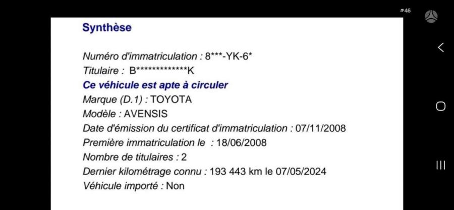 Grey Toyota Avensis 2008 in Vilnius, with an engine capacity of 2.00 L and mileage of 209 thousand km for 3750 €, photo 32 on AUTOMOTO.COM.LV