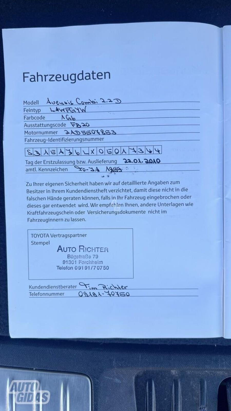 Серый Тойота Авенсис 2010 в Вилкавишкис, объемом двигателя 2.20 л и пробегом 337 тыс. км за 4200 €, фото 15 на AUTOMOTO.COM.LV