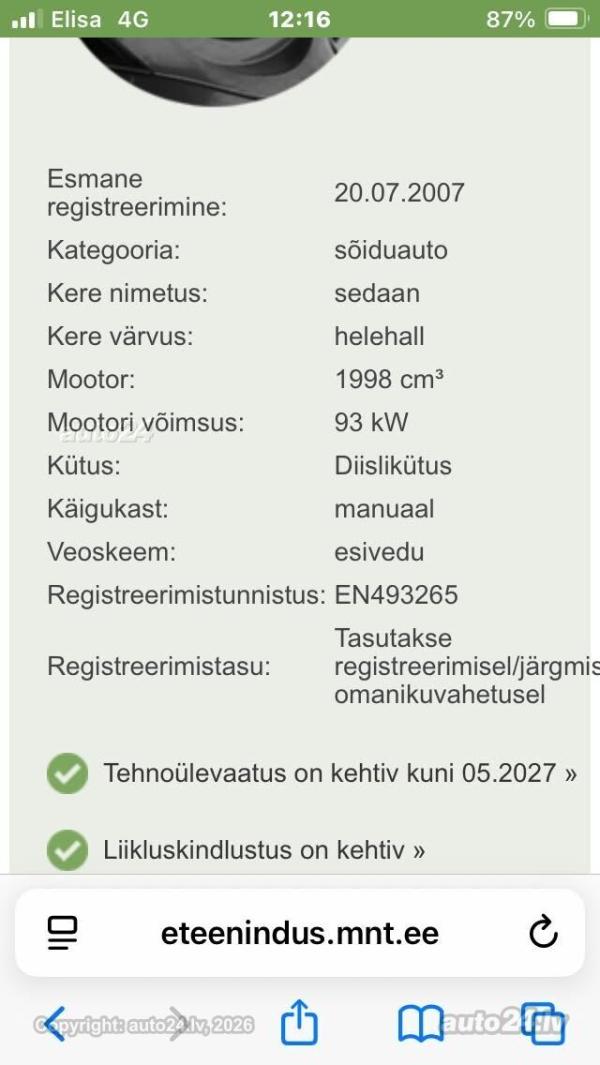 Toyota Avensis 2007 in Tallinn, with an engine capacity of 2.00 L and mileage of 271 thousand km for 1900 €, photo 9 on AUTOMOTO.COM.LV