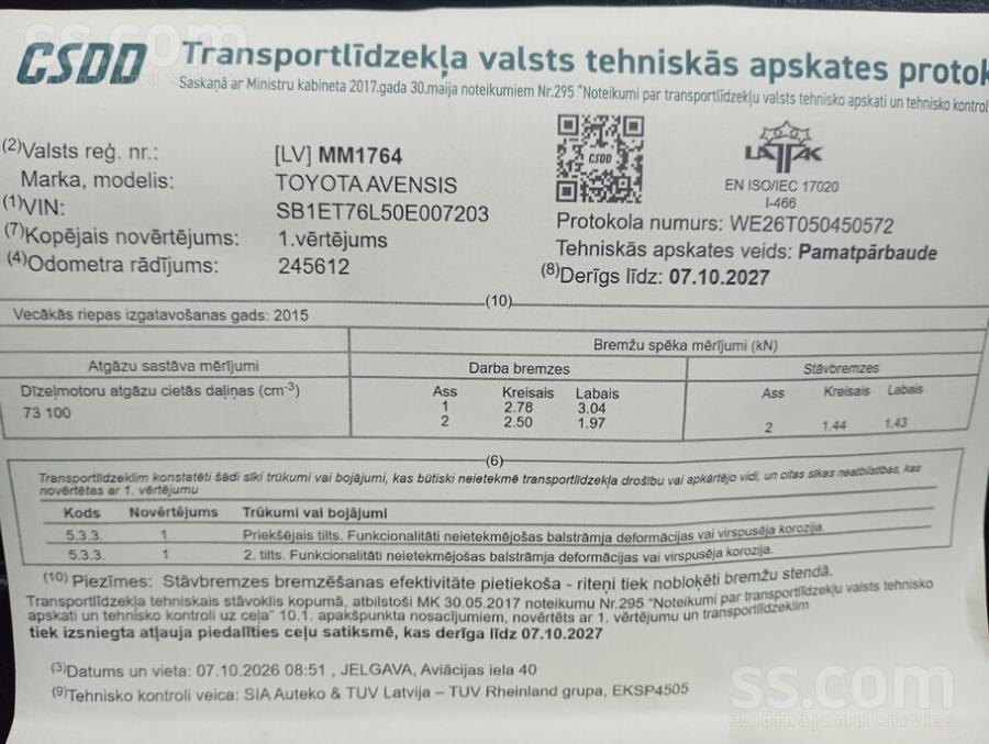 Balts Toyota Avensis 2015 Tukums, ar dzinēja tilpumu 2.00 L un nobraukumu 246 tūkst. km par 5800 €, foto 8 vietnē AUTOMOTO.COM.LV