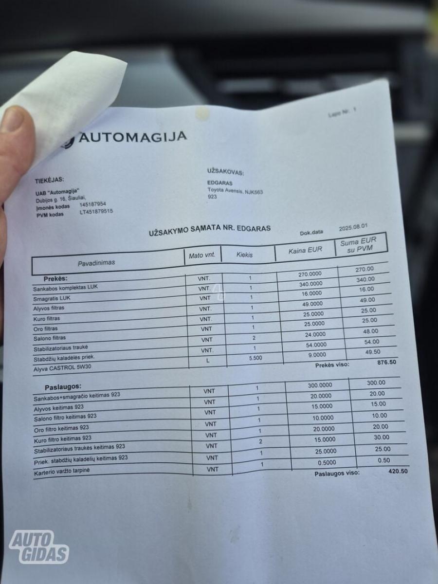 Белый Тойота Авенсис 2016 в Шяуляй, объемом двигателя 2.00 л и пробегом 273 тыс. км за 4800 €, фото 14 на AUTOMOTO.COM.LV
